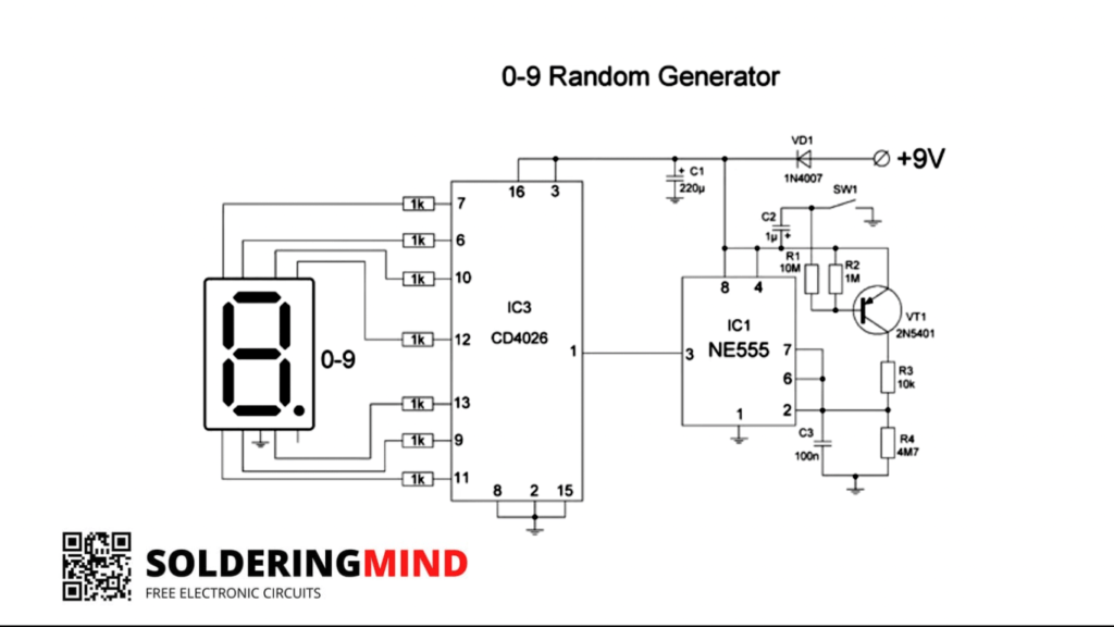 0-9 Number Generator Circuit Using CD4026 and NE555