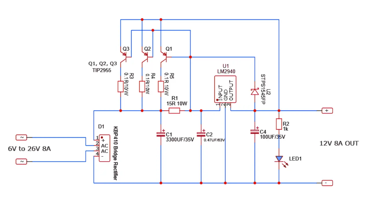 12V 8A Linear Power Supply Circuit Using LM2940 and TIP2955 Transistors