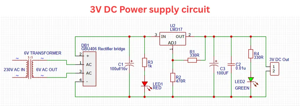 Simple 3V DC Power Supply Circuit Using LM317 Voltage Regulator