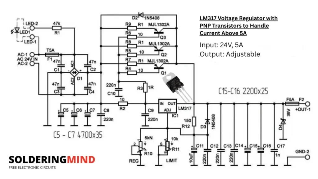 LM317 Voltage Regulator with PNP Transistors to Handle Current Above 5A