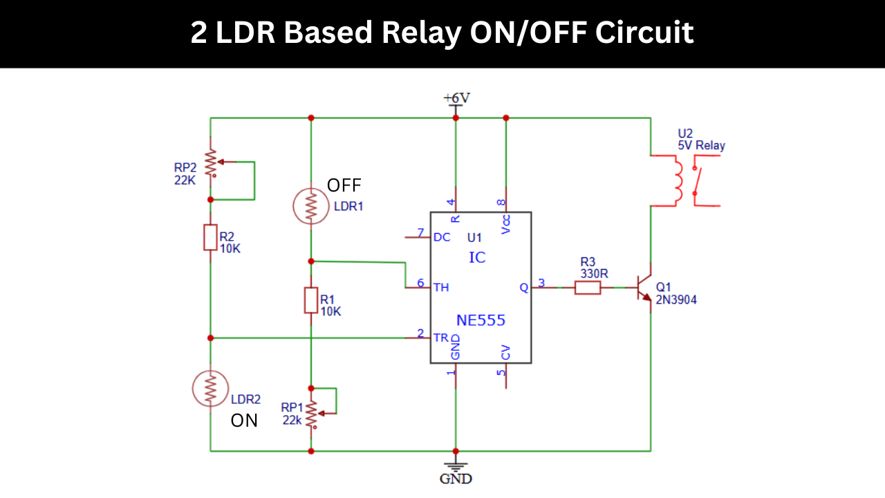 Two LDR Based Relay ON/OFF Circuit using 555 Timer IC