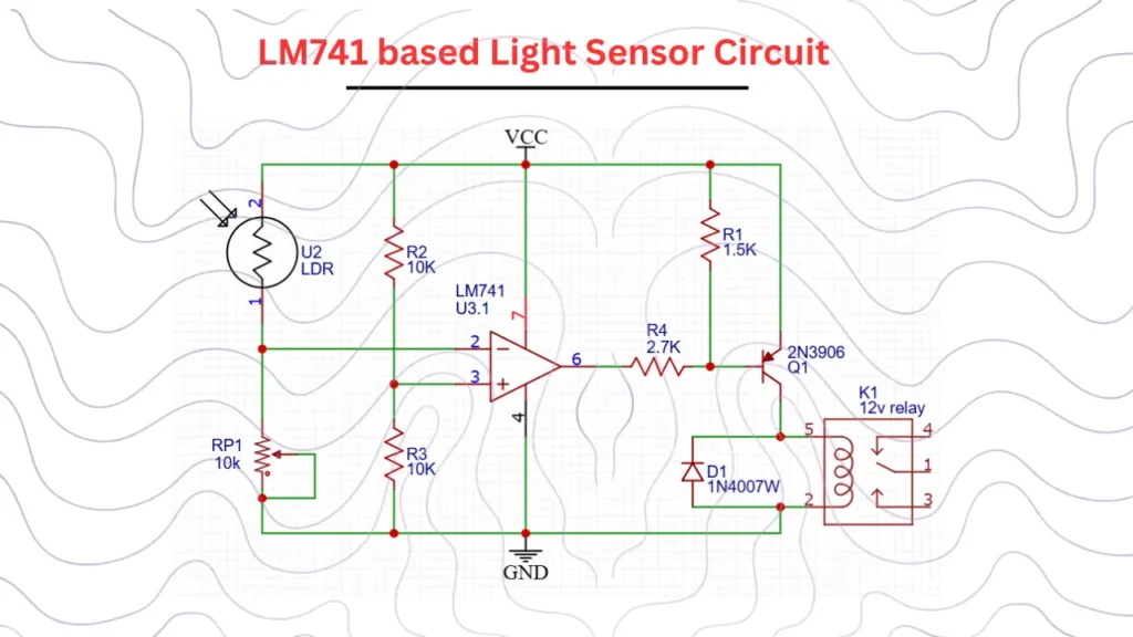 Light Sensor Circuit using LM741 Op-amp IC and 12V Relay