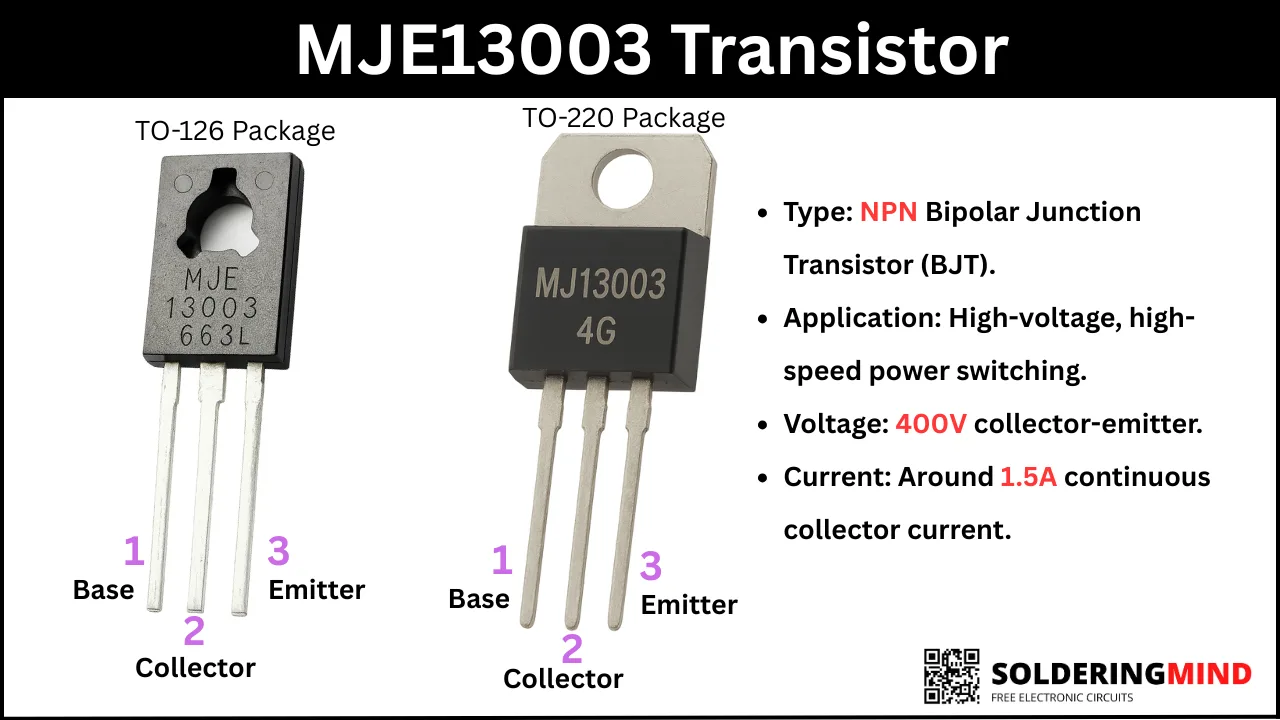 MJE13003 Transistor Pinout, Specifications and Equivalent